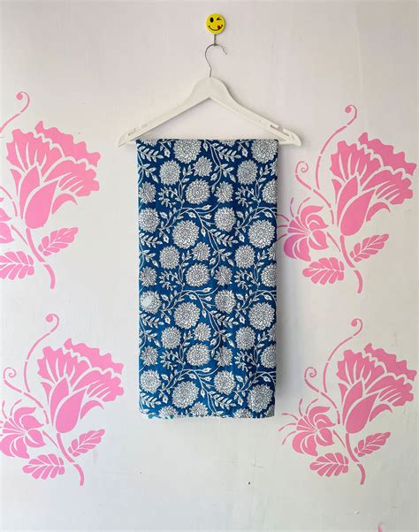 Yellow Floral Hand Block Print Fabric Indian Soft Cotton Fabric By The
