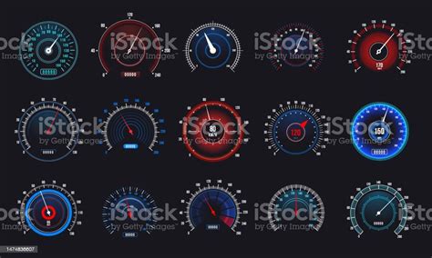 Car Speedometers Set Speed Measurement Automobile Indicator Futuristic Display With Counter And