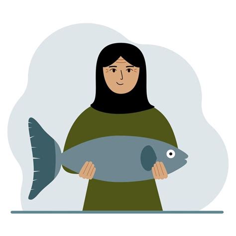 Premium Vector A Arab Female Fisherman Holds A Large Fish Proud Of