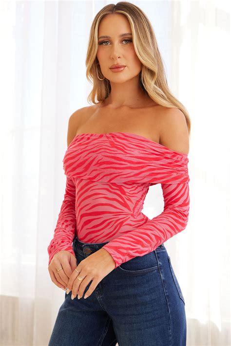Exotic Mesh Off Shoulder Bodysuit Pinkcombo Fashion Nova