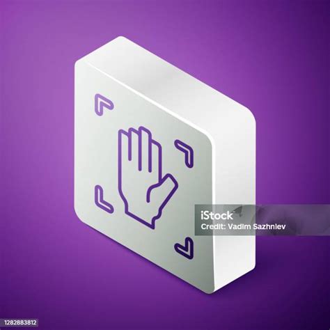 보라색 배경에 격리 된 등색 라인 팜 인쇄 인식 아이콘 생체 인식 손 스캔 지문 식별 시스템 인식 및 검증 실버 스퀘어 버튼 벡터 개념에 대한 스톡 벡터 아트 및 기타