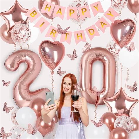 Happy Birthday Banner Pink 20th Birthday Decorations For Women Rose