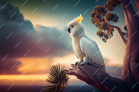 Premium Photo A Cockatoo Sits On A Tree Branch With A Sunset In The