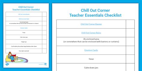 Chill Out Corner Essentials Teacher Checklist Teacher Made
