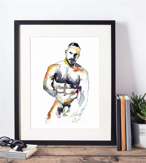Gay Male Frontal Nude Male Art Erotica Watercolor Print Modern Lgbtq Wall Decor Above Bed Art