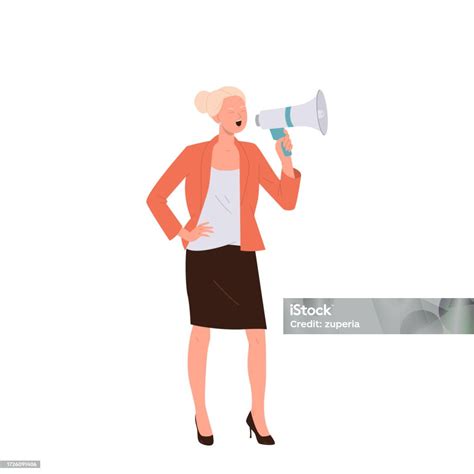 젊은 여성 시위자 만화 회사원 또는 중역 캐릭터가 확성기로 외치고 있다 Revolution에 대한 스톡 벡터 아트 및 기타