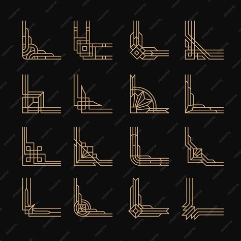 아트 데코 코너 컬렉션 라인 코너 장식 테두리 프레임 요소 책 간단한 장식의 구분선 복고풍 기하학적 깔끔한 벡터 세트 프리미엄 벡터