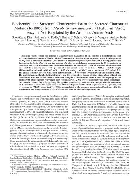 Pdf Biochemical And Structural Characterization Of The Secreted Chorismate Mutase Rv1885c