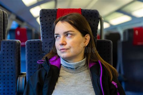Portrait Of Woman Sitting Inside Train Stock Image Image Of 3540