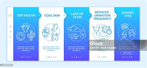 로타바이러스 증상 온보딩 벡터 템플릿 배뇨 빈도 감소 바이러스 감염 징후 아이콘이 있는 반응형 모바일 웹사이트 웹 페이지 연습 단계 화면 Rgb 색상 개념 가라앉은에 대한