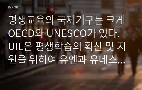 평생교육의 국제기구는 크게 Oecd와 Unesco가 있다 Uil은 평생학습의 확산 및 지원을 위하여 유엔과 유네스코의 다양한 활동과 사업을 추진하고 있다 각 사업 별