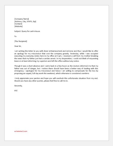 Sample Query Letter Of Absent From Work