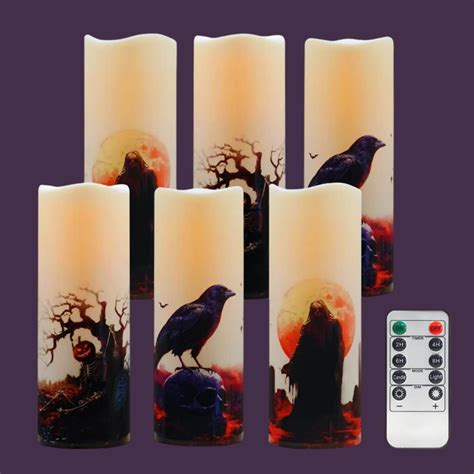 Halloween Flameless Led Candles Set Of 6 Gothic Design With Remote