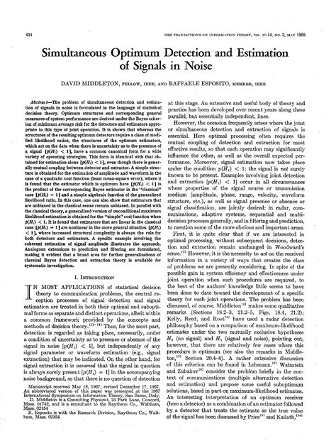Simultaneous Optimum Detection And Estimation Of Signals 434 Ieee