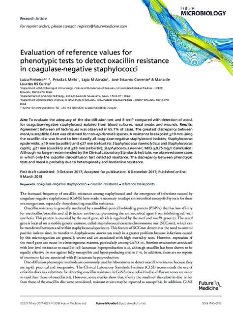 Pdf Evaluation Of Reference Values For Phenotypic Tests To Detect Oxacillin Resistance In