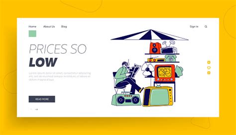 남성 캐릭터는 벼룩 시장 또는 차고 판매 방문 페이지 템플릿에 오래된 기술을 판매합니다 판매자는 의자 읽기 신문에 앉아 빈티지 Tv 전화 테이프 레코더와 팬을 판매하고