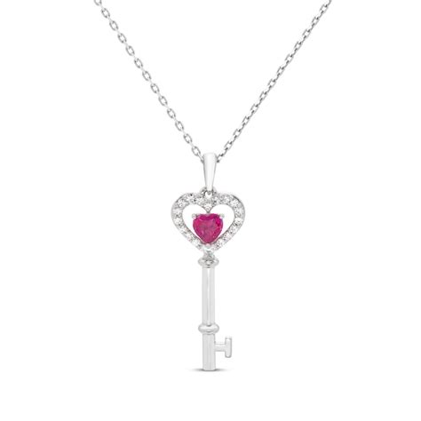 Heart Shaped Lab Created Ruby And White Lab Created Sapphire Key Necklace Sterling Silver 18 Kay