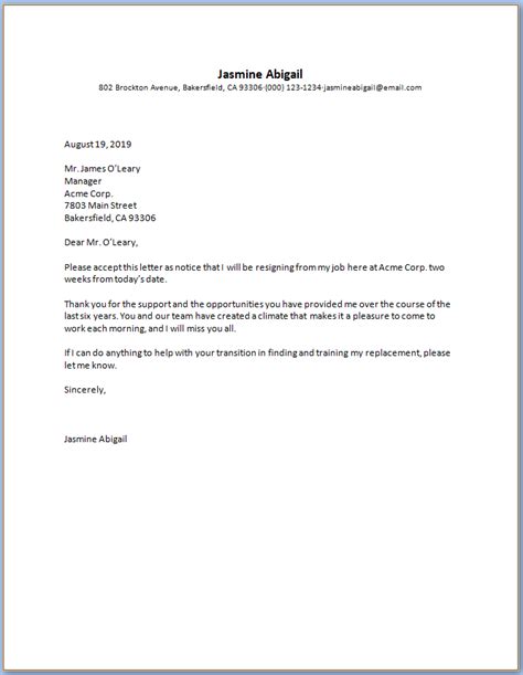 √ Free Printable Resignation Letter Of Job Template