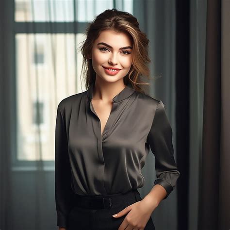 Premium Photo Beautiful Smiling Office Girl In A Black Satin Shirt