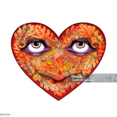 눈이 있는 마스크와 가을 오렌지 떡갈나무 잎으로 만든 미소를 가진 하트 수채화 식물 그림입니다 나뭇잎 질감이 있는 템플릿 스티커 추수 감사절 포스터 10월에 대한 스톡 벡터