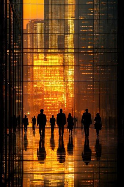 Silhouetted People Walking In Modern Glass Building At Sunset With