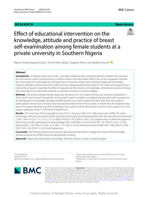 Pdf Effect Of Educational Intervention On The Knowledge Attitude And Practice Of Breast Self