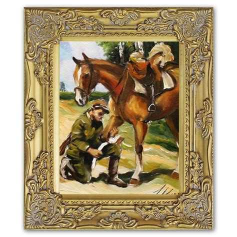 Obraz olejny ręcznie malowany Wojciech Kossak Ułan opatrujący konia 27x32cm