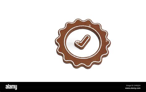 3d Rendering Of Gingerbread Cookie In Shape Of Symbol Of Check Mark In Gear Circle Isolated On