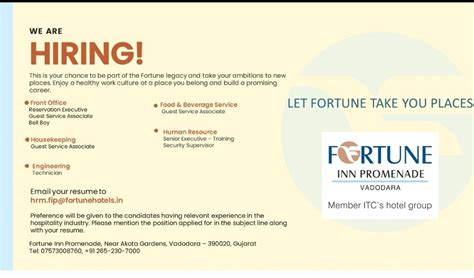 Fortune Inn Promenade Vadodara Member Itc Hotel Groupis Hiring