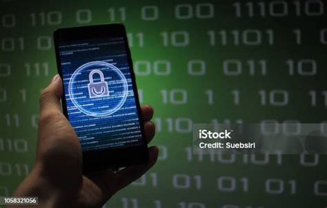 Protected In Stream Of Data Flow Padlock Icon Symbolize Security And Green Binary Code Computer