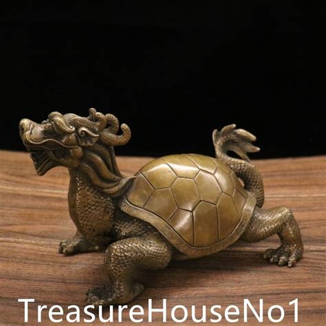 Chinese Antique Collection Handcrafted Large Brass Dragon Turtle Statue