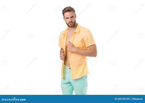 Confident In His Sexuality Sexy Guy Undressing Seducing You Unshaven Macho Unbuttoned Shirt