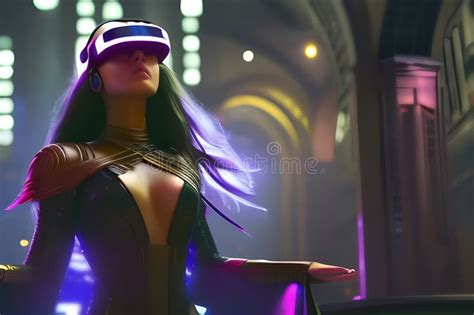 Young Woman Wearing A Vr Headset And Experiencing Virtual Reality Simulation Metaverse And