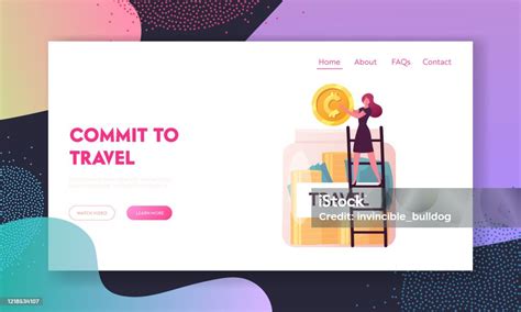 여행 예산 방문 페이지 템플릿입니다 사다리에 작은 여성 캐릭터 스탠드 유리 항아리 에 거대한 황금 동전을 넣어 미래 여행 여자 저축 돈 이리저리 여름 방학 만화 벡터