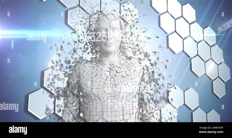 Image Of Changing Numbers Over Human Body Model And Hexagonal Shapes On
