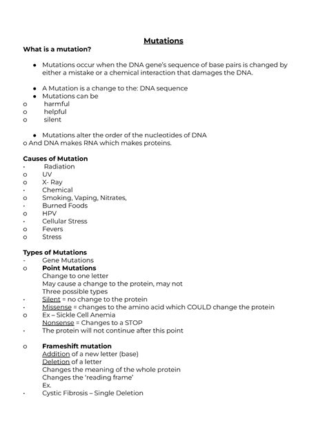 Copy Of 9 Mutations Notes For Slides Mutations What Is A Mutation Mutations Occur When The