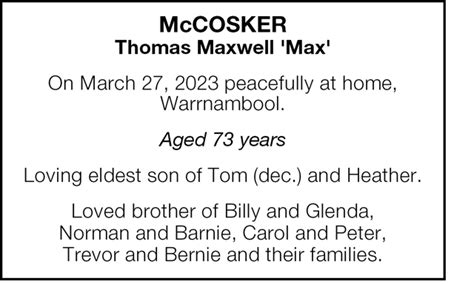Mccosker Thomas Maxwell Max Tributes The Standard The Standard