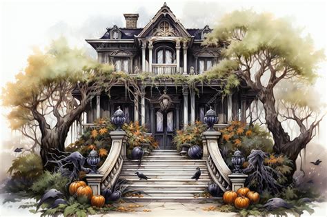 Premium Photo Halloween Mansion Porch Background Design Watercolor