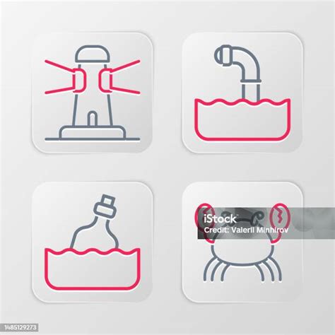 라인 크랩 물에 메시지가 있는 병 잠망경 및 등대 아이콘을 설정합니다 벡터 갈고리 발톱에 대한 스톡 벡터 아트 및 기타 이미지 갈고리 발톱 감시 구조 Istock