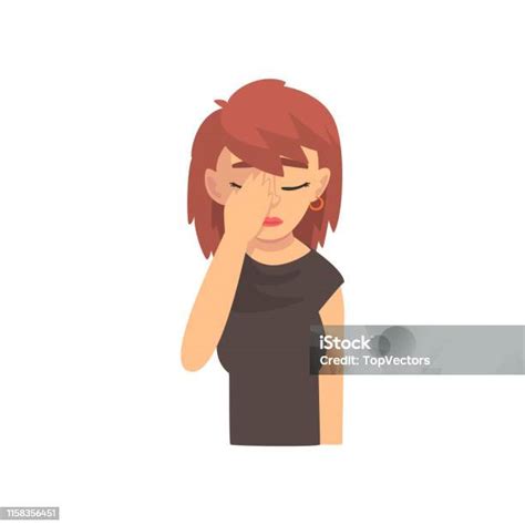 젊은 여자 손으로 그녀의 얼굴을 덮고 소녀 만들기 Facepalm 제스처 수치 두통 실망 부정적인 감정 벡터 일러스트 남자에