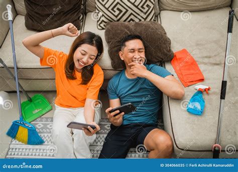 Asian Couple Playing Game While Taking Break Stock Image Image Of
