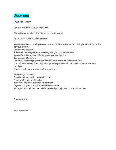 Week One Week One Notes Specifically Brain Anatomy Week One Lecture Notes Levels Of Brain