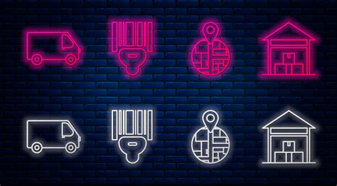 세트 라인 스캐너 스캐닝 바코드 지도 용지의 자리 표시자 관점에서 배달화물 트럭 차량 및 창고 벽돌 벽에 빛나는 네온 아이콘 벡터 건축하기에 대한 스톡 벡터 아트 및 기타