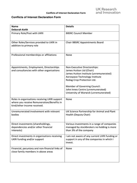 Fillable Online Conflicts Of Interest Declaration Form Name Bbsrc