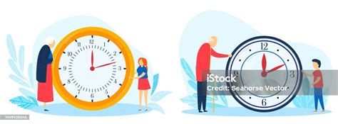 시계 시계 시간 삶의 시작과 끝 기간 시계 얼굴 화살표 벡터 일러스트 레이 션에서 Olad와 젊은 사람들 아기에 대한 스톡 벡터