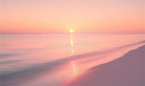 A Beautiful Beach With A Pink And Orange Sunset In The Background Stock
