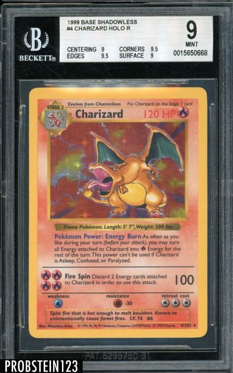 1999 Pokemon Base Shadowless 4 Charizard Holo Bgs 9 W 9 Antique
