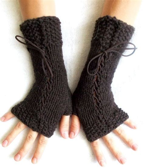 Dark Brown Handknit Fingerless Gloves Merino Corset Wrist Warmers Women