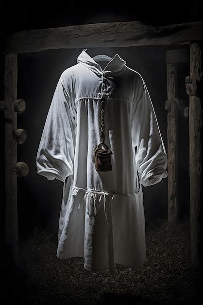 Un hombre vestido con una túnica blanca se para en una habitación oscura con una botella de vino