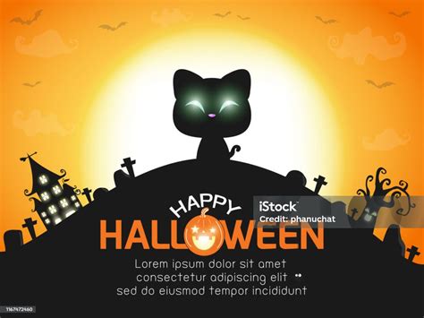 해피 할로윈 포스터 달빛 아래 검은 고양이 할로윈 배너 할로윈 트릭 또는 배경 치료 광고 브로셔 템플릿 인사말 카드 벡터 일러스트 10월에 대한 스톡 벡터 아트 및 기타